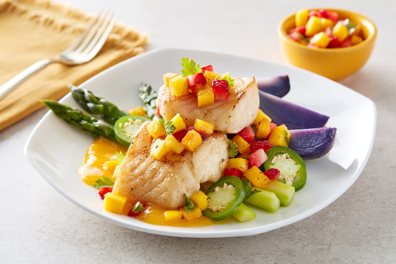 Pan Seared Cod with Mango Strawberry Pico de Gallo and Cumin Mango ...